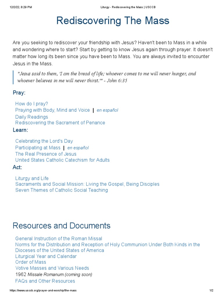 Liturgy - Rediscovering The Mass - USCCB | PDF