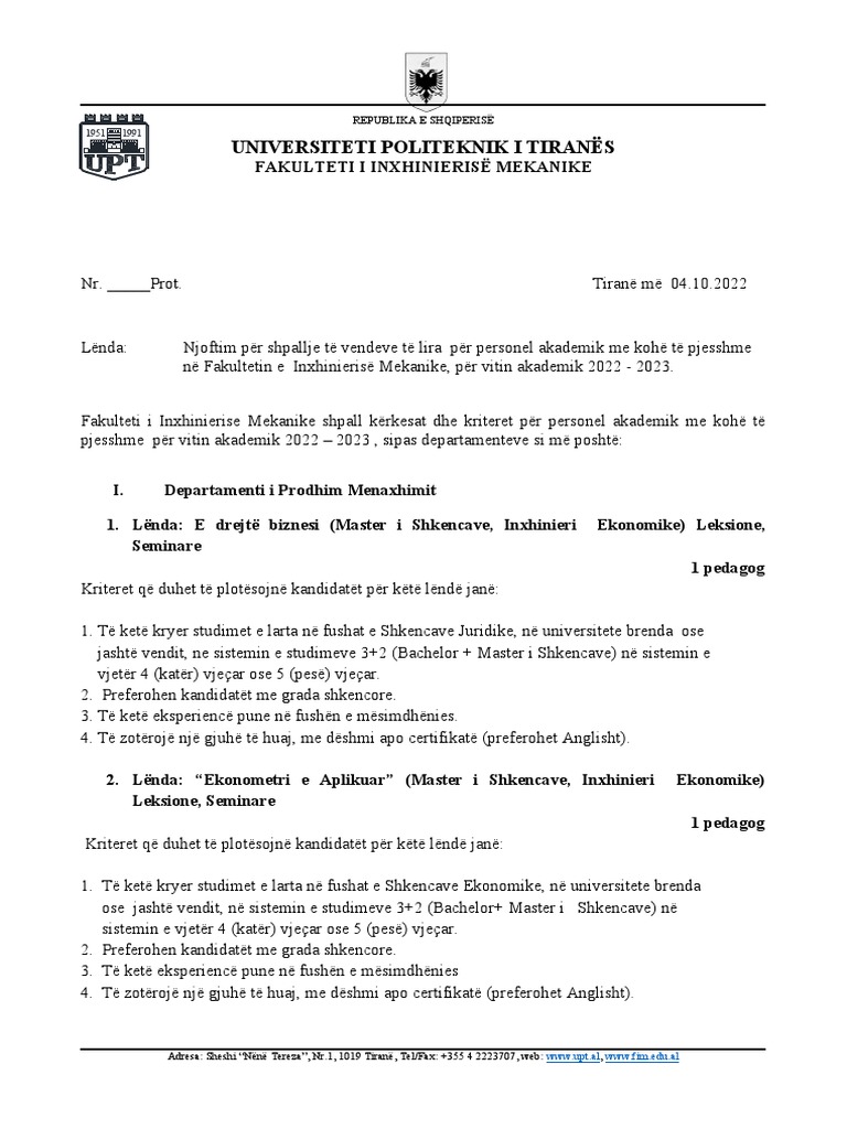 Njoftim Per Pedagoget e Jashtem 2022-2023 Doc Dep I Mekanikes Dhe Dep I ...