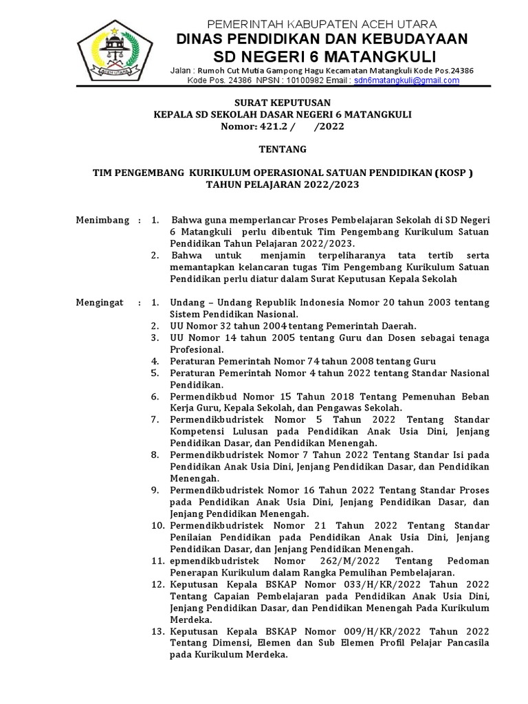 SK Tim Pengembang Kurikulum SD 2022/2023 | PDF | Karier & Perkembangan