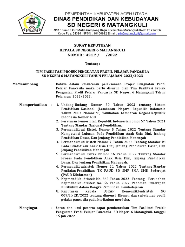 SK Tim Fasilitasi Projek 2022 | PDF | Karier & Perkembangan | Bisnis