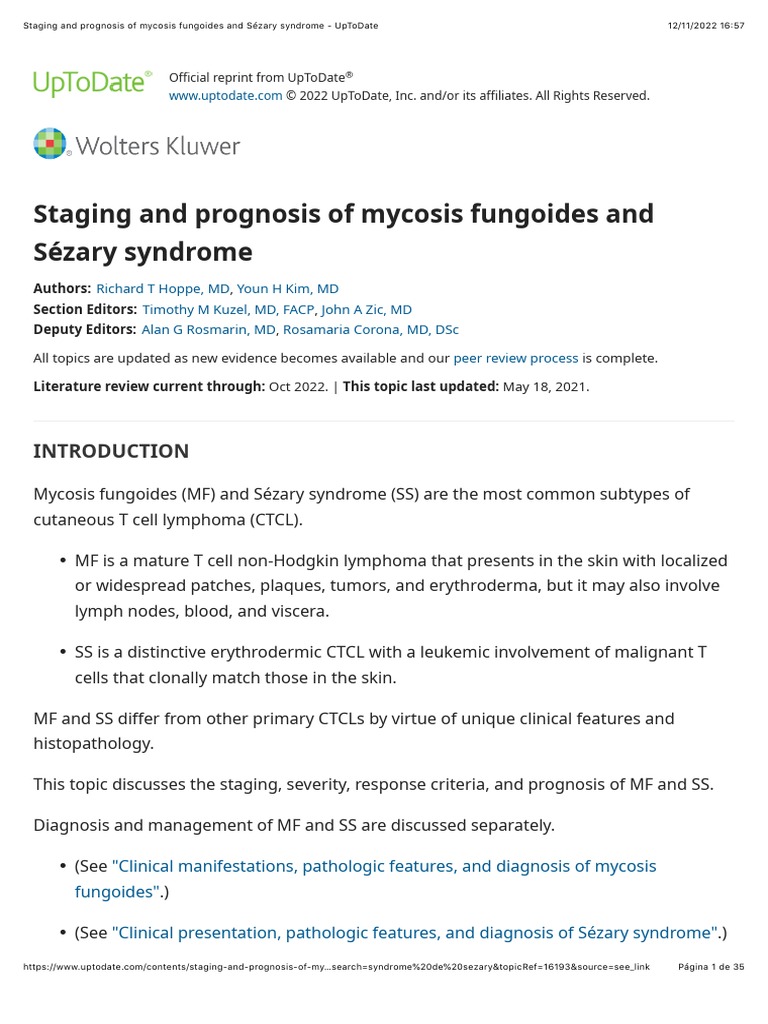 Staging and Prognosis of Mycosis Fungoides and Sézary Syndrome - UpToDate | PDF | Lymphoma | Biopsy