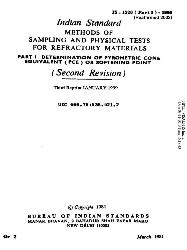 Indian Standard: Methods of Sampling and Physical Tests For Refractory ...