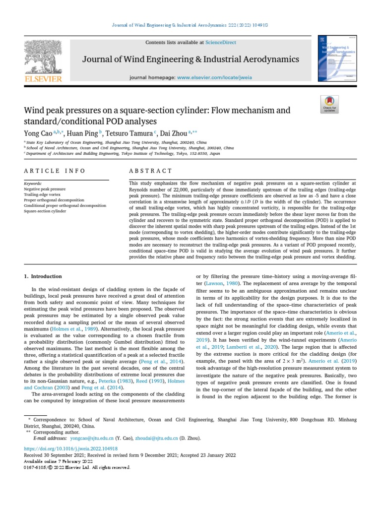 Wind Peak Pressures On A Square-Section Cylinder Flow Mechanism and ...