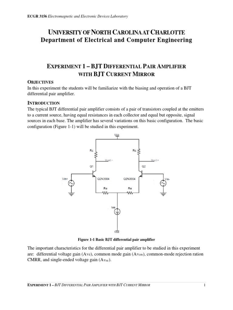 Ecgr3156 Experiment 1 BJT Differential Pair With BJT Current Mirror ...