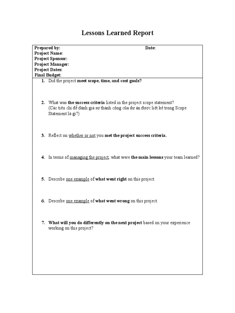 Project Management Lessons Learned Report | PDF | Business