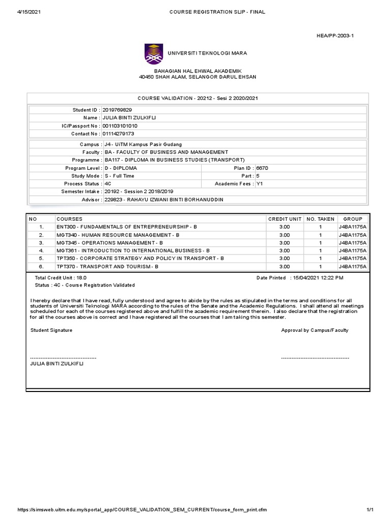 Course Registration Slip - Final | PDF