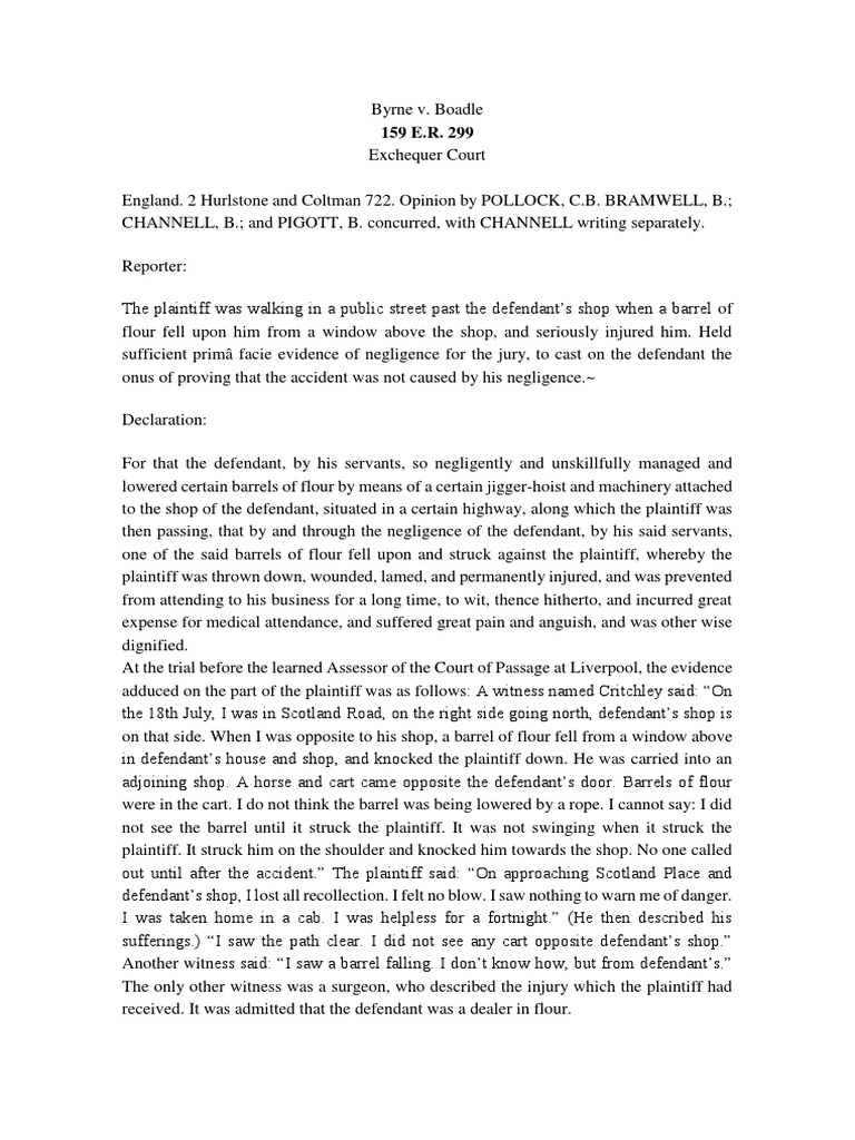 Byrne v. Boadle: Negligence Case Summary | PDF | Negligence | Prima Facie