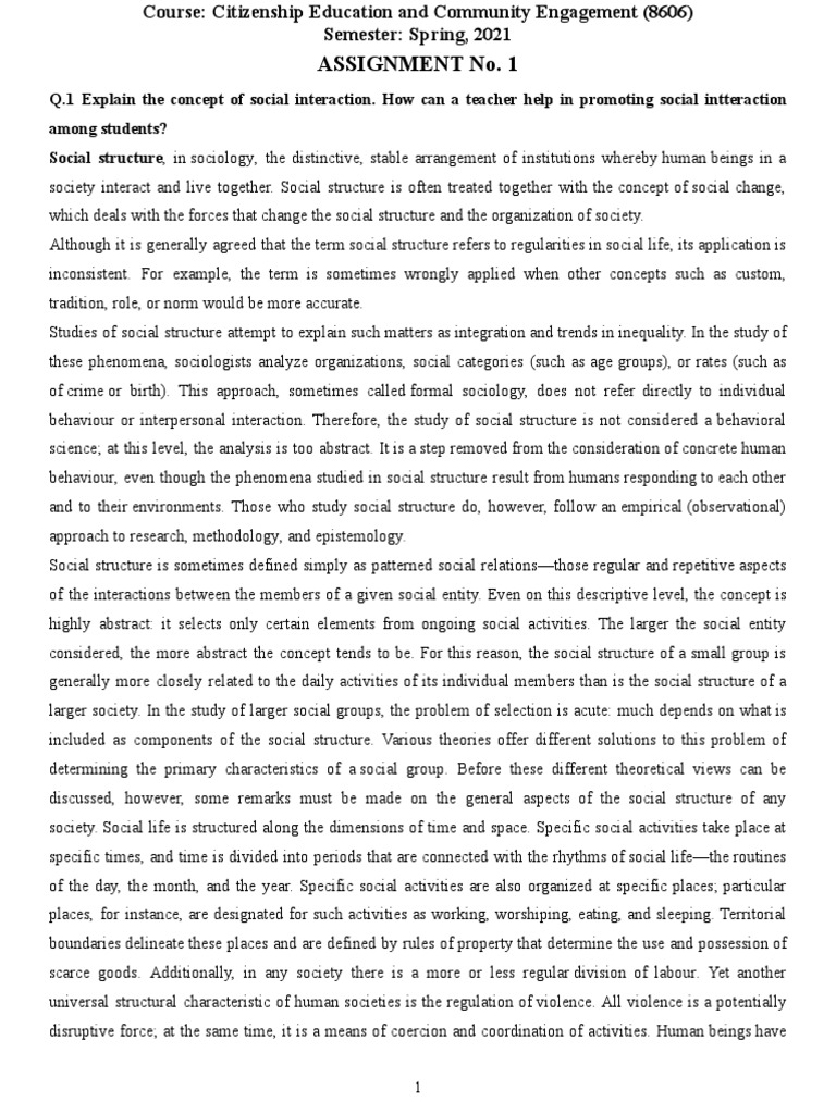 8606 Solved Assignment 1 By Ahmad Pdf Socialization Sociology 