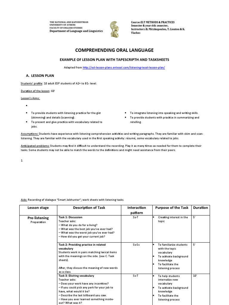 Lesson Plan Comprehending Oral Language | PDF | Vocabulary | Lesson Plan