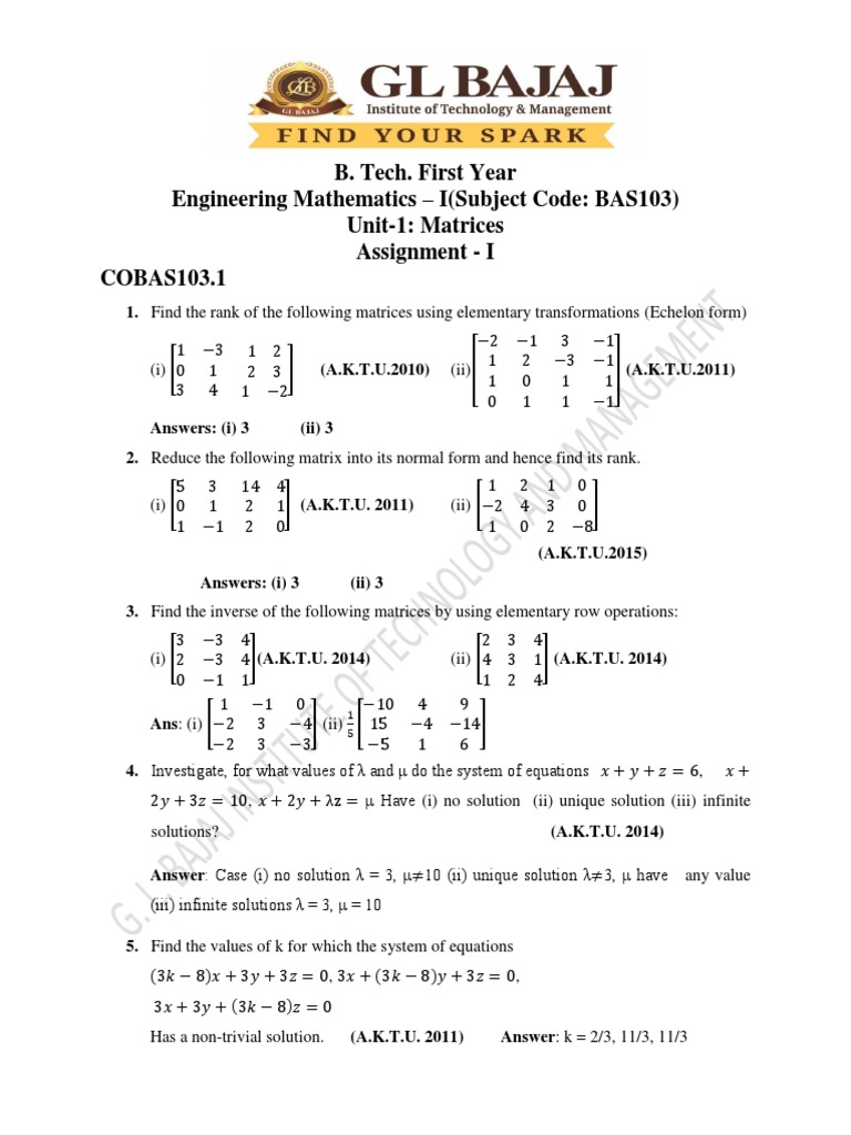 Assignment Mathematics I | PDF | Matrix (Mathematics) | Eigenvalues And ... Assignment Mathematics I | PDF | Matrix (Mathematics) | Eigenvalues And ...