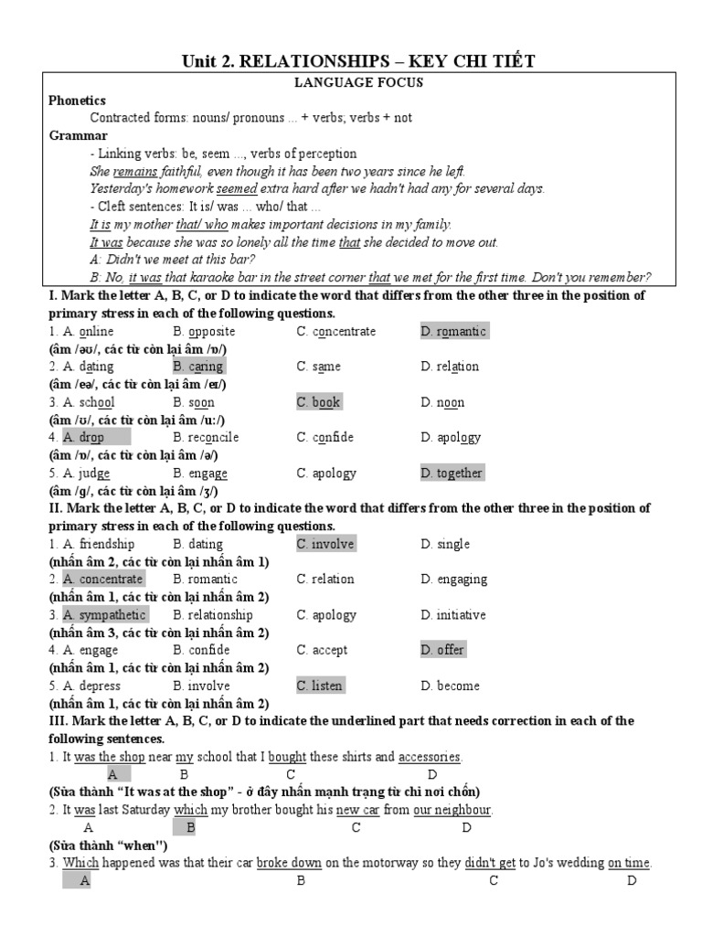 Unit 2 - KEY chi tiết | Download Free PDF | Friendship | Interpersonal Relationships