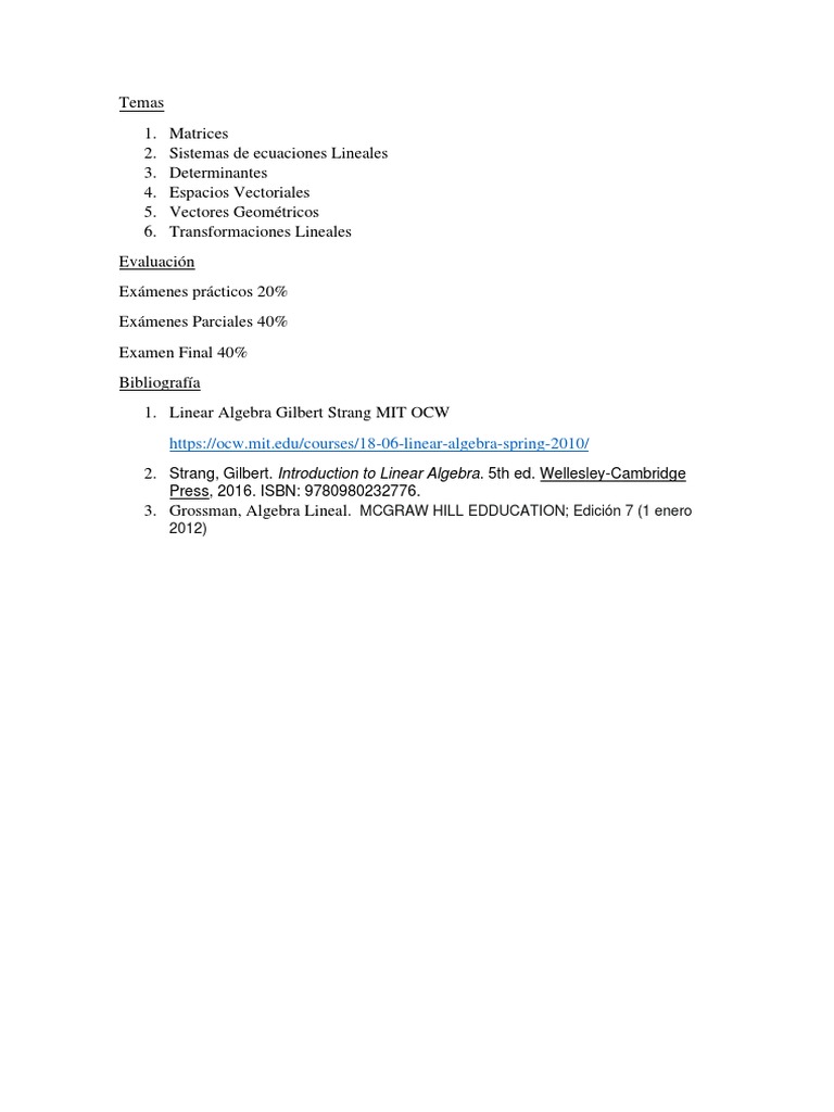 Programa Mat 103 Algebra Lineal | PDF