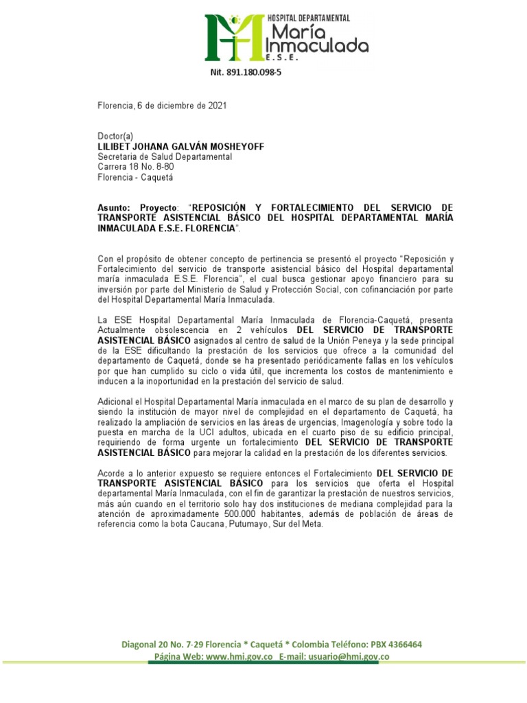 Carta de Presentación Proyecto SSDC | PDF | Hospital | Economias