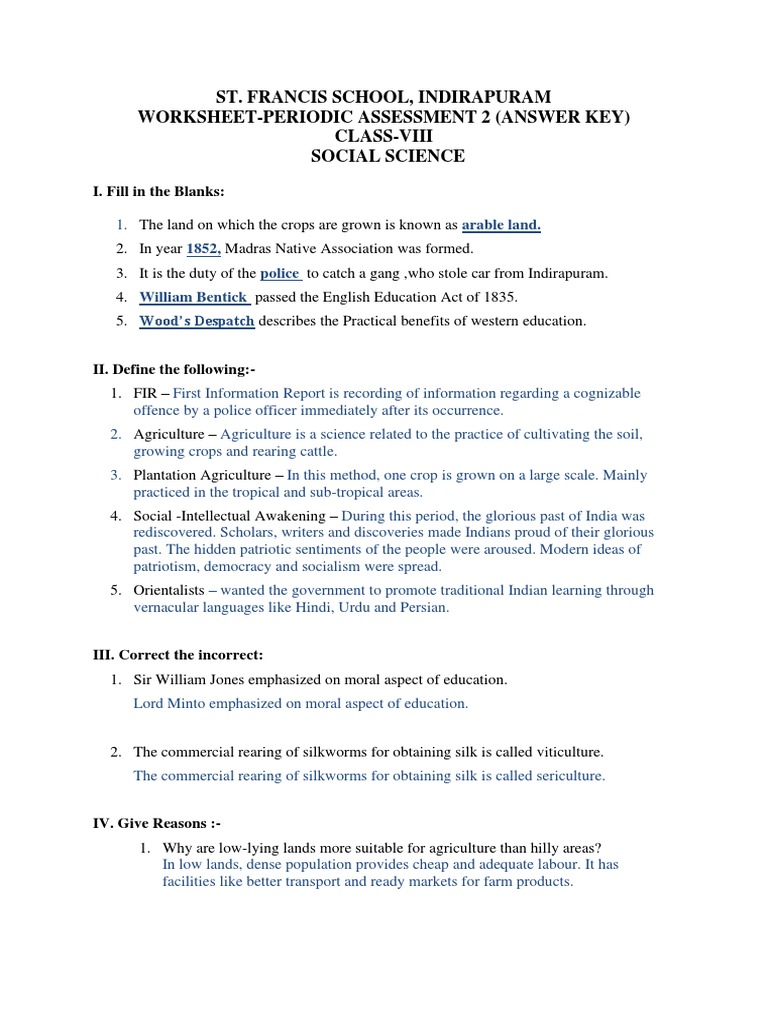 Class 8 Social Science Worksheet Answer Key | PDF | Agriculture ...