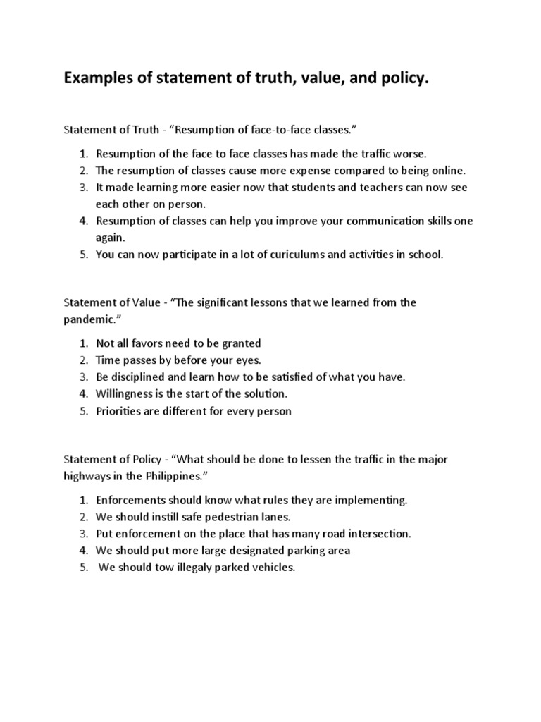 Examples of Statement of Truth, Value, and Policy. | PDF