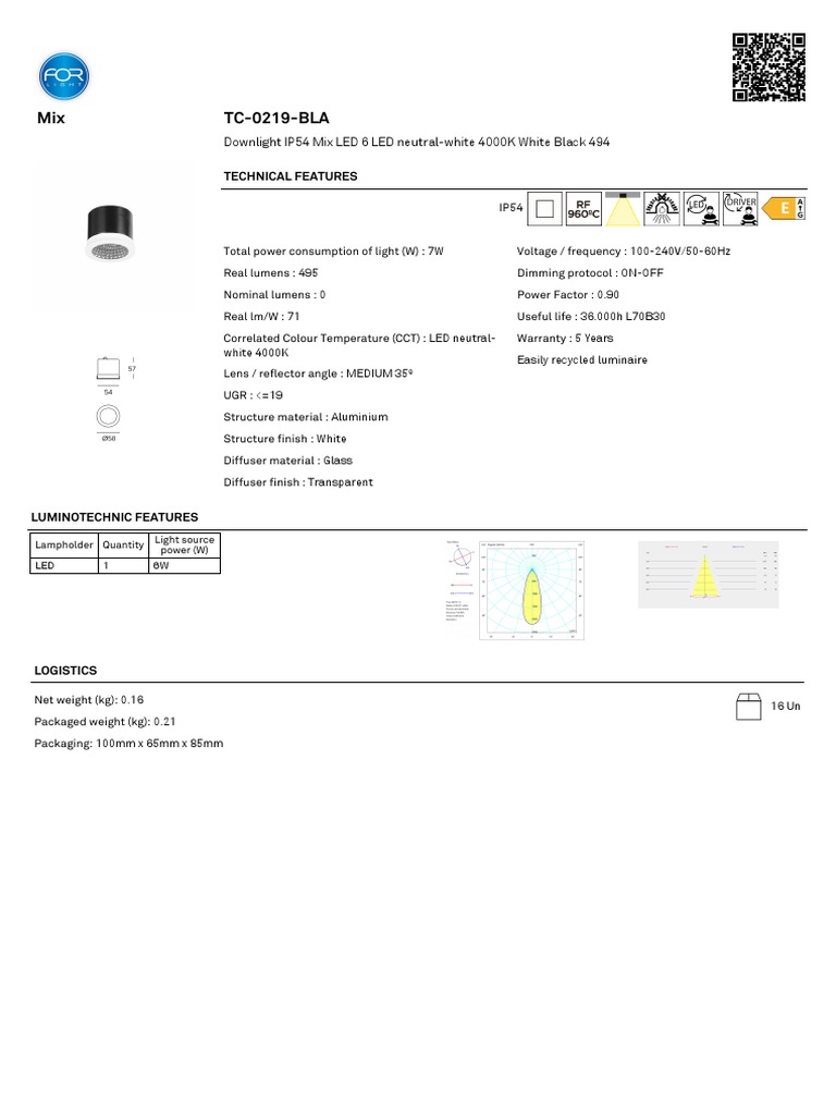 Mix TC-0219-BLA: Downlight IP54 Mix LED 6 LED Neutral-White 4000K White ...