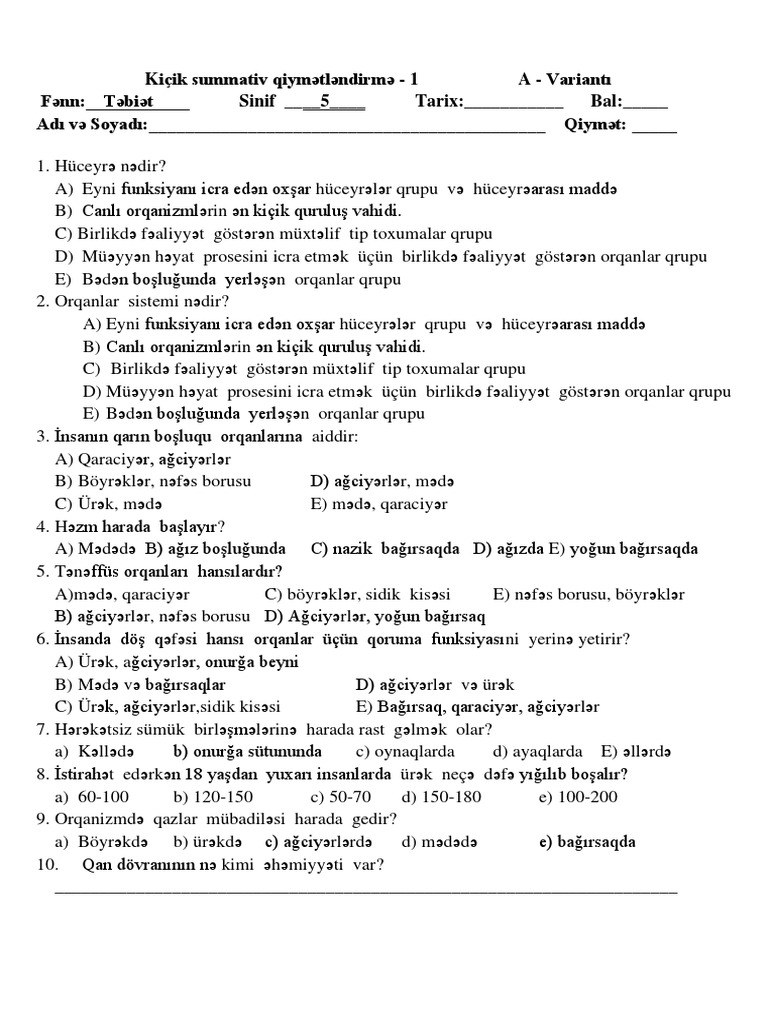 5 Sinif Təbiət KSQ 1 | PDF