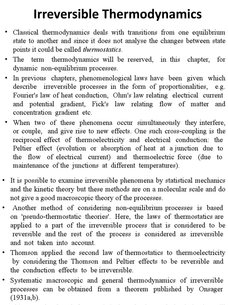 Irreversible Thermodynamics | PDF | Diffusion | Non Equilibrium Thermodynamics