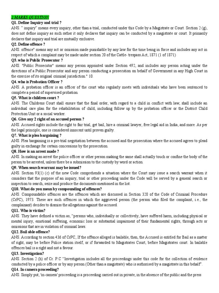 2 Marks and 5 Marks Criminal Law Questions | PDF | Bail | Criminal ...