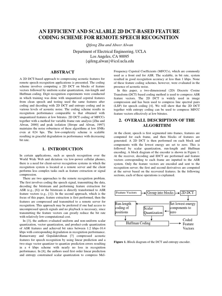 An Efficient and Scalable 2D Dct-Based Feature Coding Scheme For Remote Speech Recognition | PDF ...