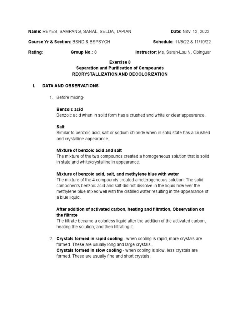 GROUP 8 - Lab Experiment - Recrystallization & Decolorization | PDF