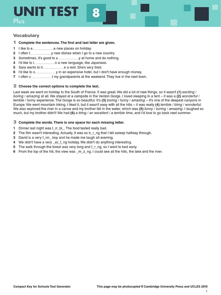 Key For Schools-Unit Test-Unit 8 | PDF