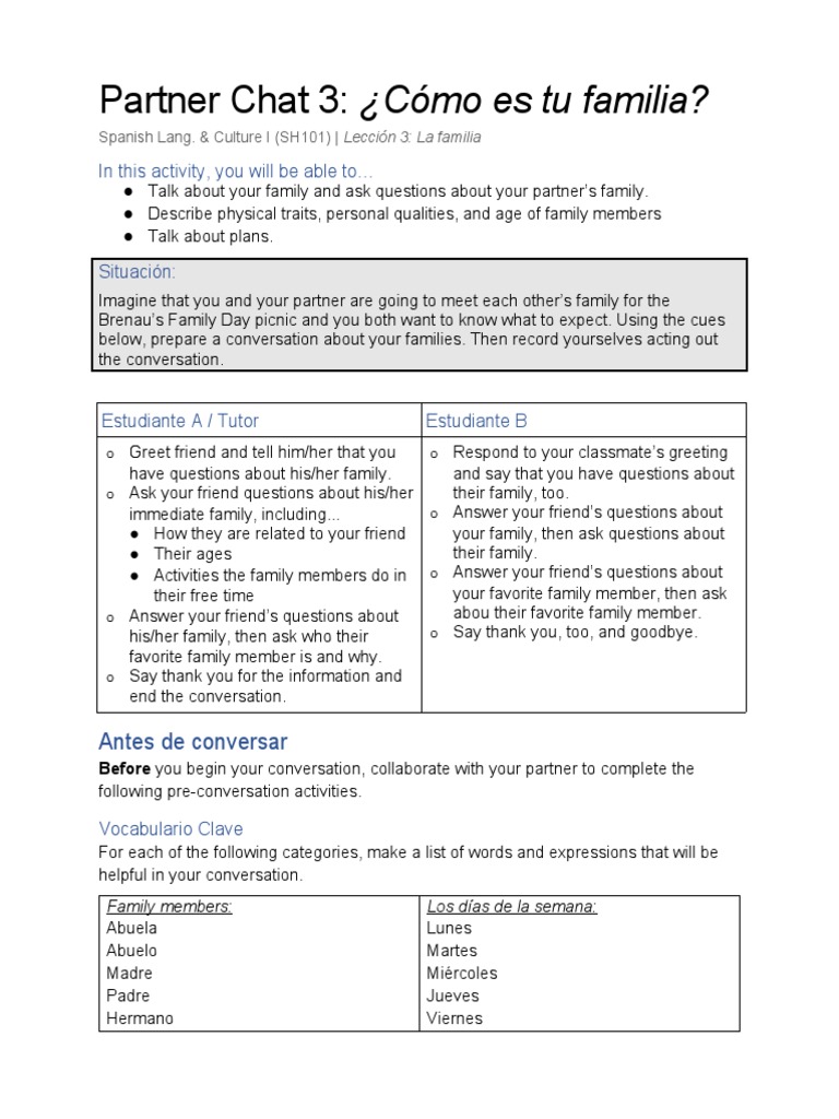 BRE SH101 - Partner Chat 3 (Handout) - Como Es Tu Familia-1 | PDF ...
