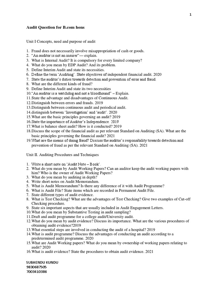 Audit Question For Bcom Hons | PDF | Finance & Money Management