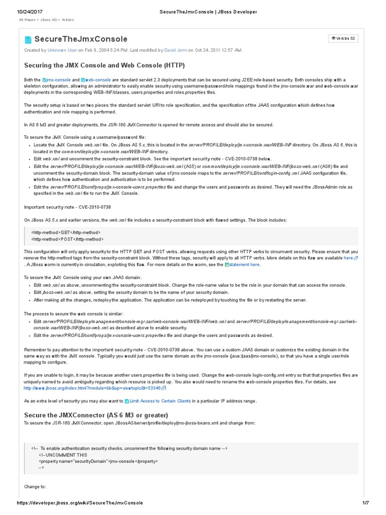 SecureTheJmxConsole - JBoss Developer | PDF | World Wide Web | Internet & Web