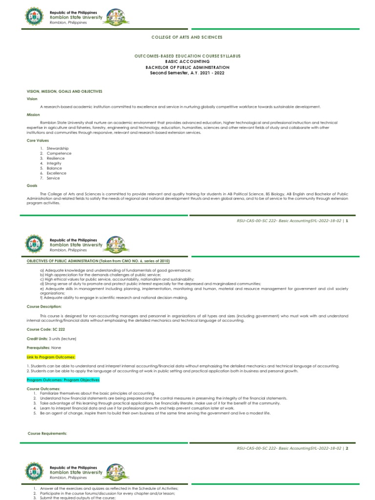 Course Syllabus Basic Accounting 2nd Sem 2021 2022 PDF | PDF ...