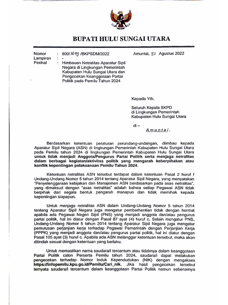 Surat Netralitas ASN | PDF