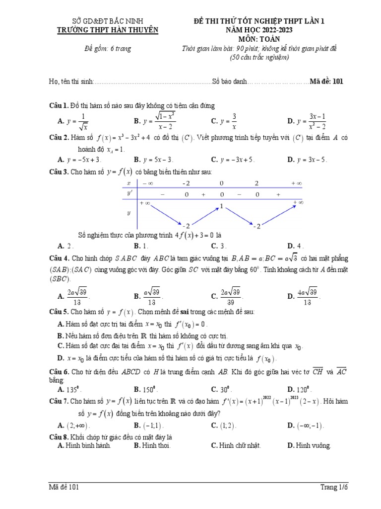 De Thi Thu TN THPT 2023 Lan 1 Mon Toan Truong THPT Han Thuyen Bac Ninh | PDF