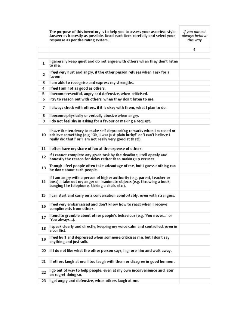 Assertiveness Inventory | PDF | Anger | Social Psychology