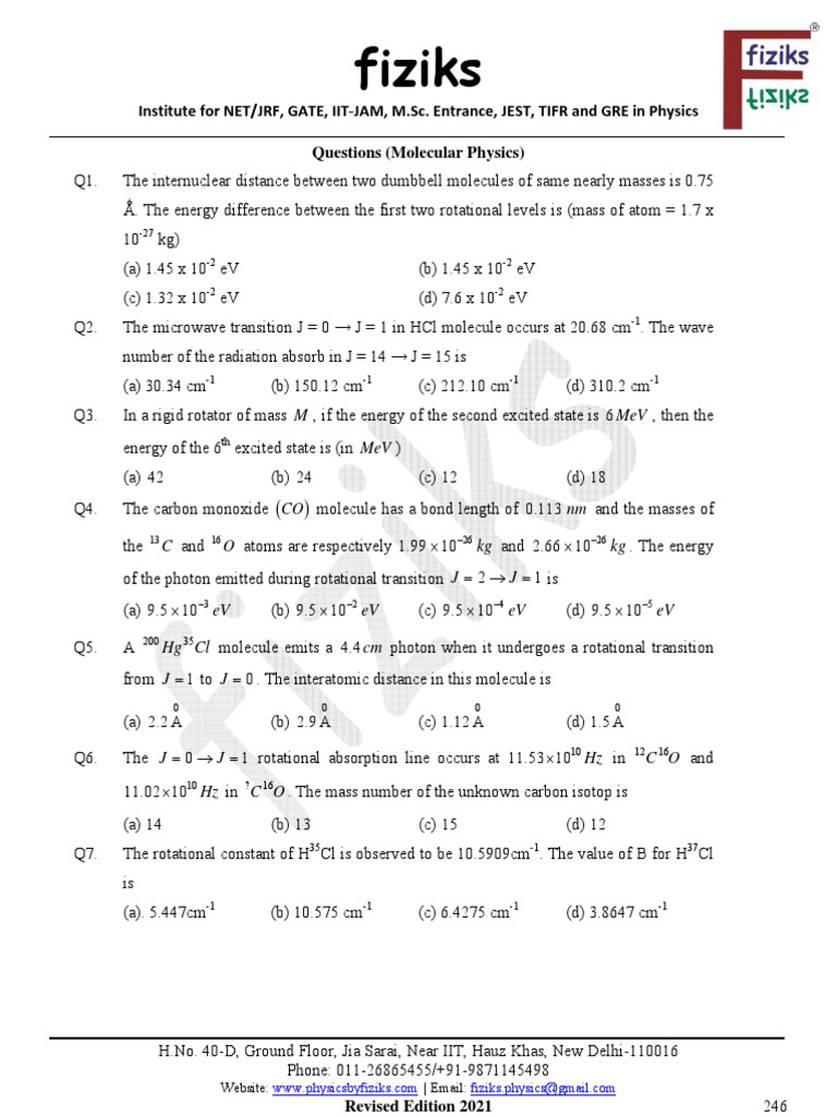 Question (Molecular Physics) . | PDF | Raman Spectroscopy | Laser