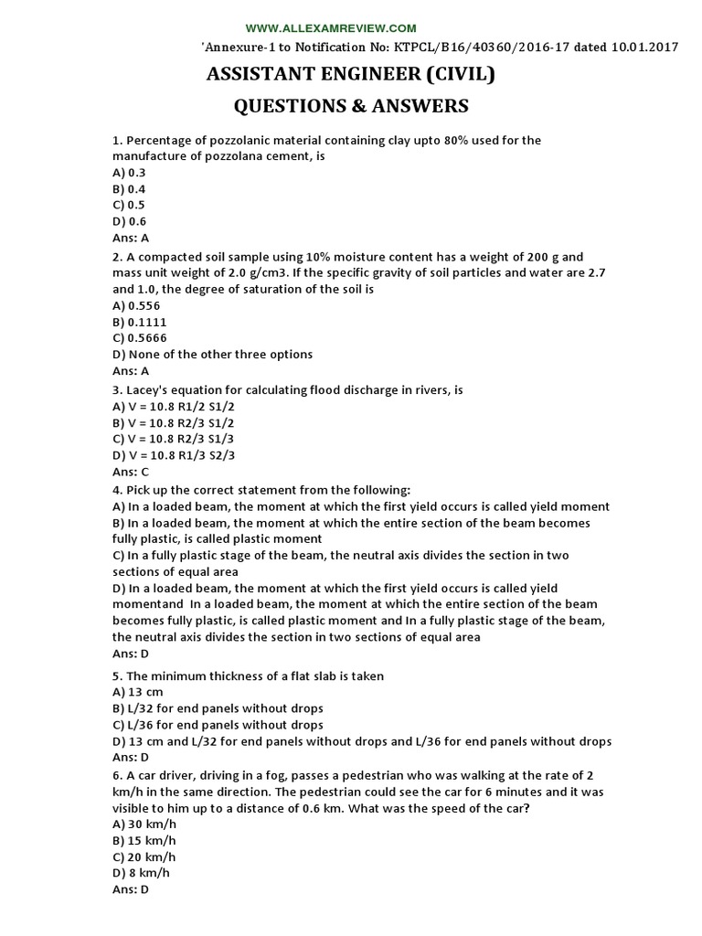 Assistant Engineer (Civil) Questions & Answers | PDF | Bending | Concrete