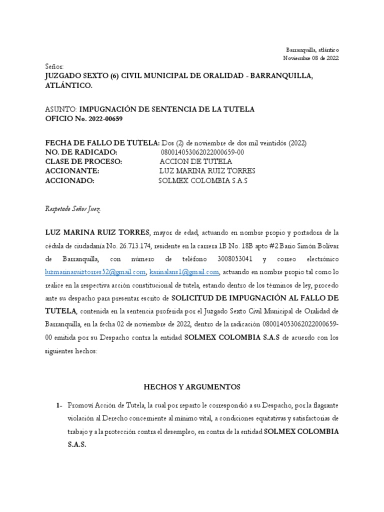 Impugnacion Fallo Accion de Tutela | PDF | Derecho laboral | Derecho ...