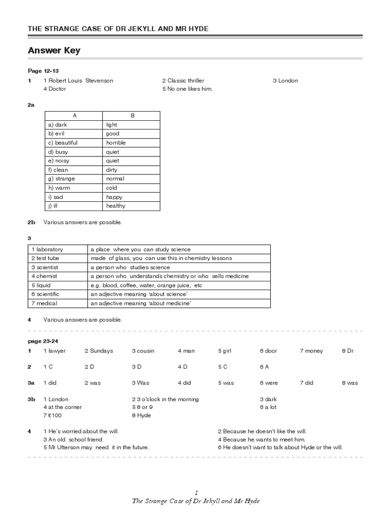 Answer Key - The Strange Case of DR Jekyll and MR Hyde | PDF | Strange ...