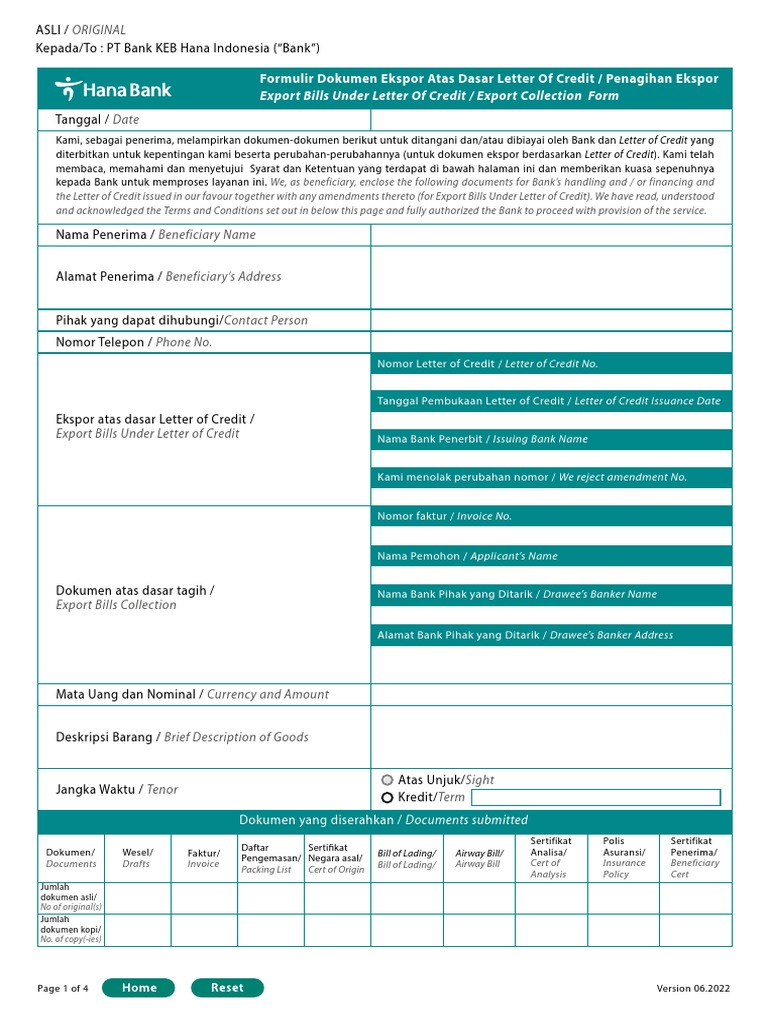 Formulir Dokumen Ekspor Atas Dasar LC Atau Penagihan Ekspor Export ...