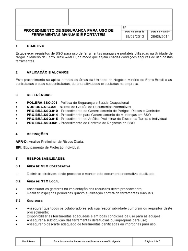 A.sso.051 - Procedimento de Segurança para Uso de Ferramentas Manuais e ...