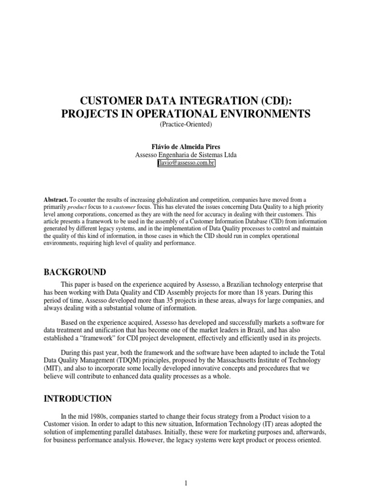 Customer Data Integration Cdi Projects in Operational Environments ...