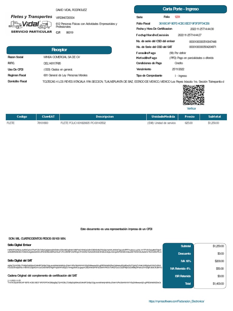 Carta Porte - Ingreso: $1,250.00 625.00 (E48) Unidad de Servicio ...