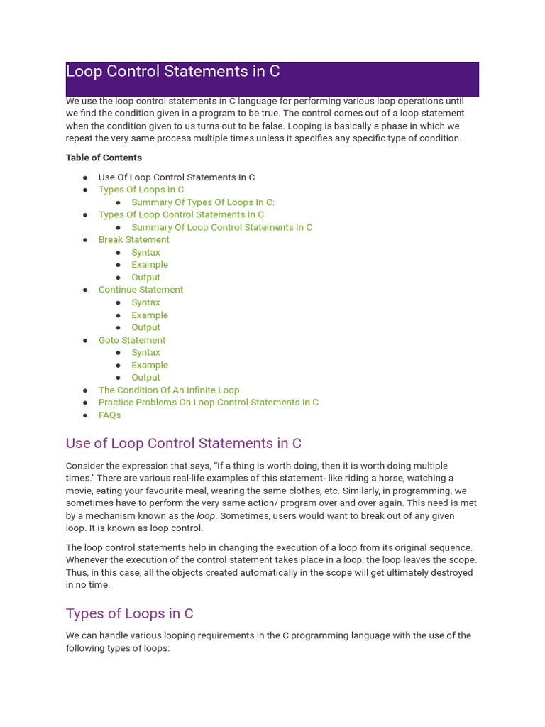 Loop Control in C: Break, Continue, Goto | PDF | Control Flow | C ...