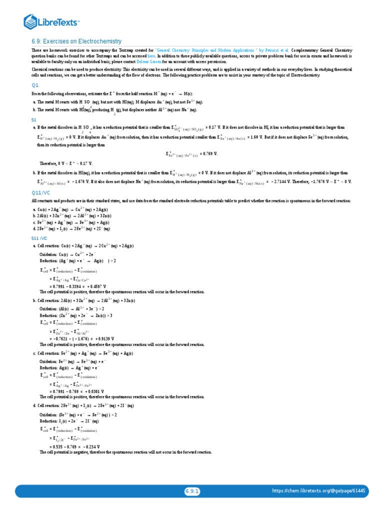 Electrochemistry Homework Exercises | PDF | Redox | Electrochemistry