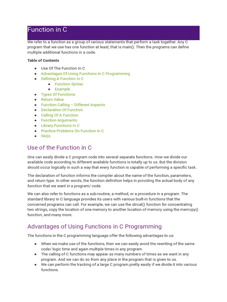 Function in C | Download Free PDF | Parameter (Computer Programming) | Subroutine