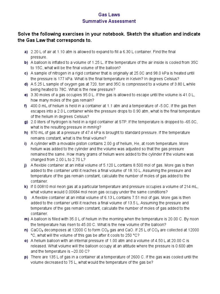 Gas Laws Assessment Exercises | PDF | Gases | Helium