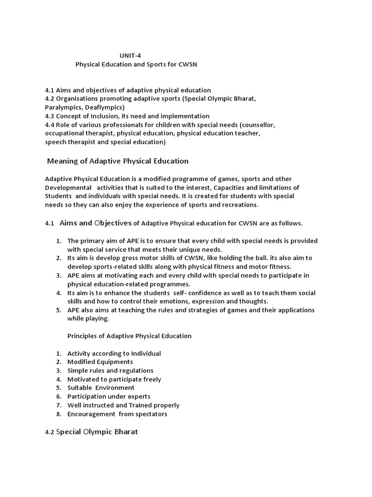 Unit-4 Class 11 Physical Education | PDF | Inclusion (Education ...