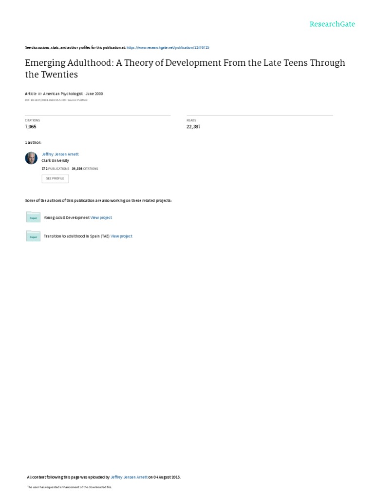 Arnett Emerging Adulthood Theory Pdf Adolescence Adults