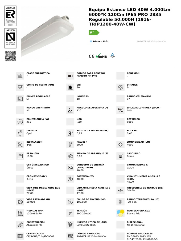 Equipo Estanco LED 40W 4.000Lm 6000ºK 120Cm IP65 PRO 2835 Regulable 50 ...