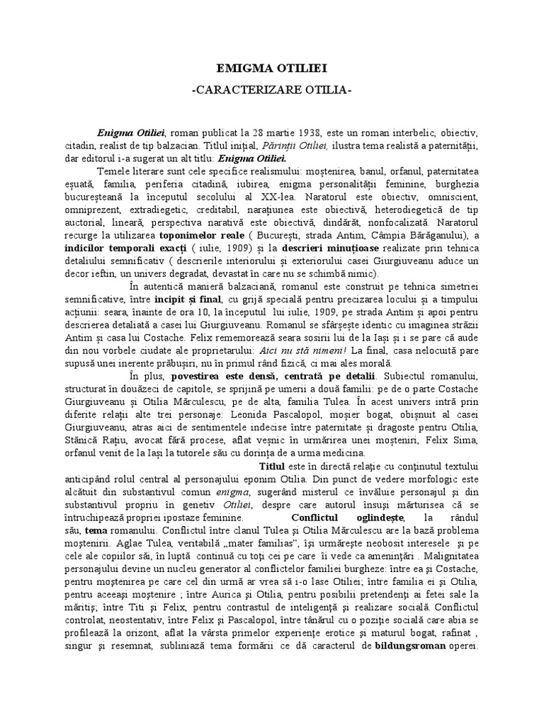 Emigma Otiliei - Caracterizare Otilia | PDF