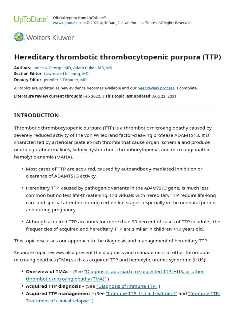 Hereditary Thrombotic Thrombocytopenic Purpura (TTP) - UpToDate | PDF ...